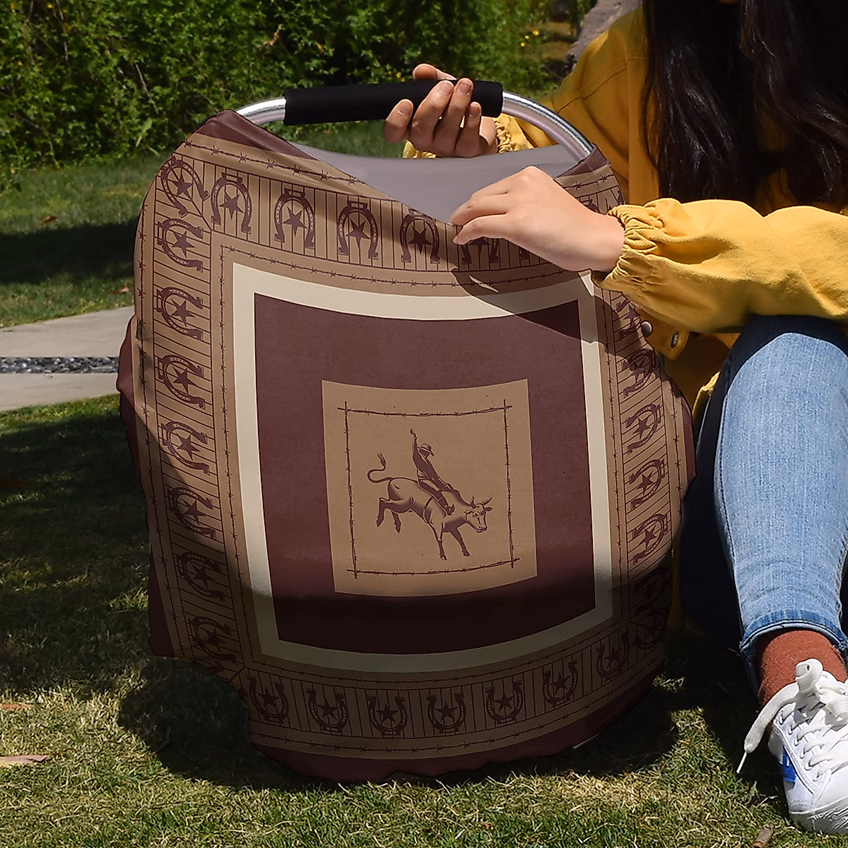 Western Cowboy Baby Car Seat Covers, Nursing Cover Breastfeeding Scarf/Shawl, Infant Carseat Canopy, Stretchy Soft Breathable Multi-use Cover Ups, Horseshoe Pentagram Brown