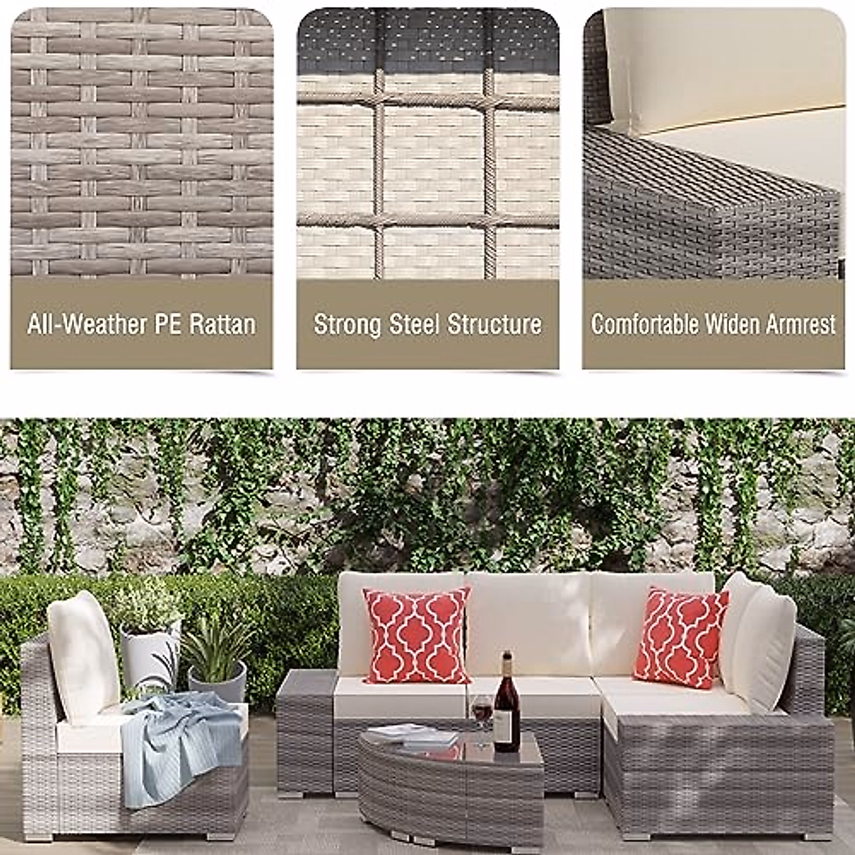 6 Pieces Patio Furniture Sets Outdoor Couch, Modular Rattan Outdoor Sectional Sofa Patio Set, All Weather Pe Wicker Patio Conversation Sets for Lawn, Garden, Backyard, Poolside
