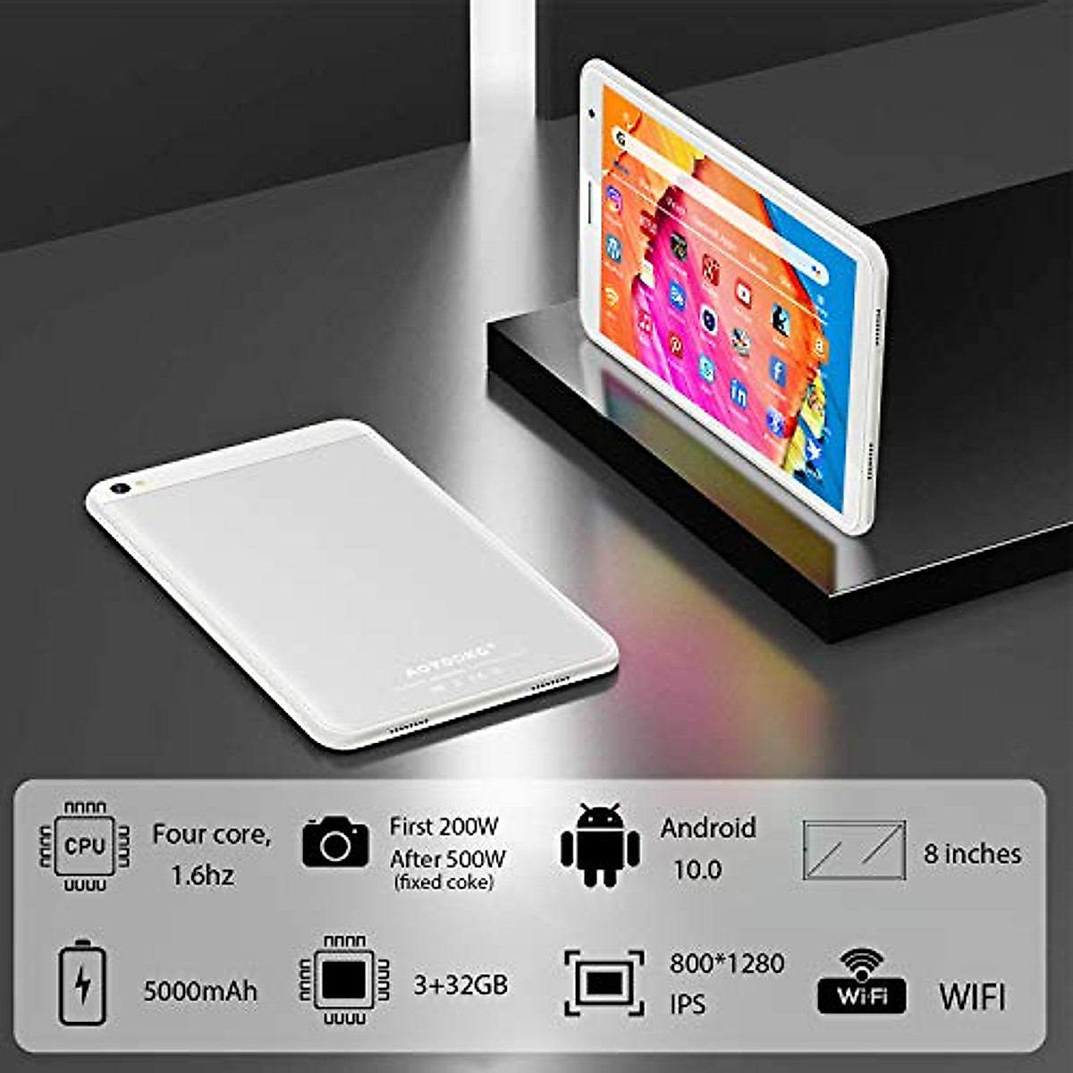 AOYODKG Android Tablet 8 Inch, Android 10 Tablets, 3GB RAM +32GB ROM, Quad Core,1280x800 HD IPS Display, WiFi Version Reading Tablet PC, Bluetooth 5.0, TF 128G Expansion [AYO-Silver]