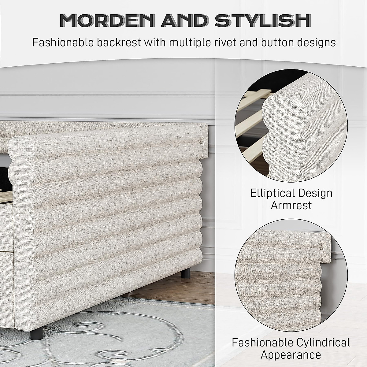 ONEMMLION Full Size Daybed with Trundle, Upholstered Day Bed Frame with Backrest and Wood Slat Support, Trundle Daybed in Linen, Twin Sofa Bed for Bedroom Guest Room, No Box Spring Needed, Beige