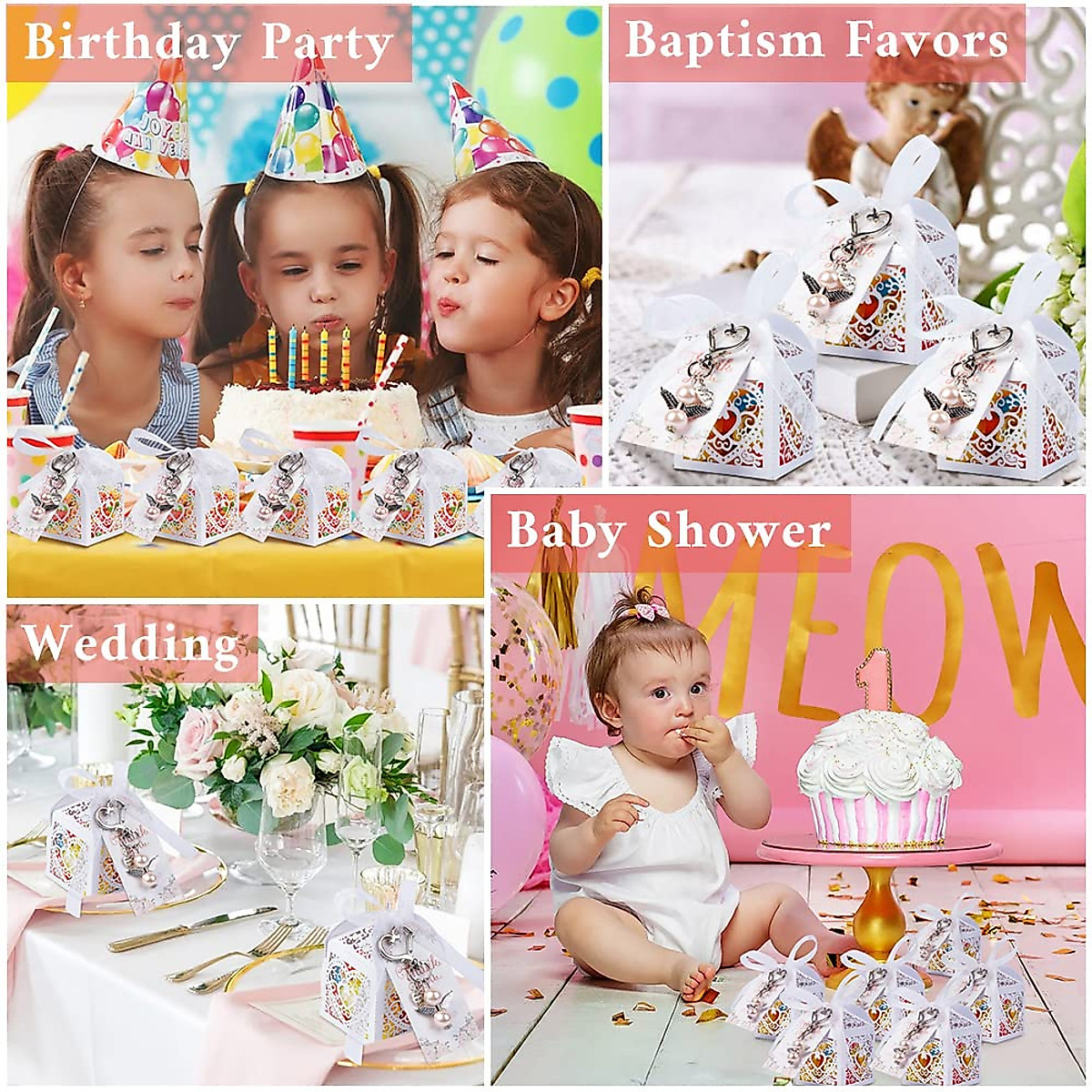 OurWarm 144Pcs Baby Shower Favors Including Cute Angel Keychains, Favor Boxes and Thank You Cards for Baptism Favors, Bridal Shower Favors, Birthday Party Favors Wedding Favors for Guests (Pink)