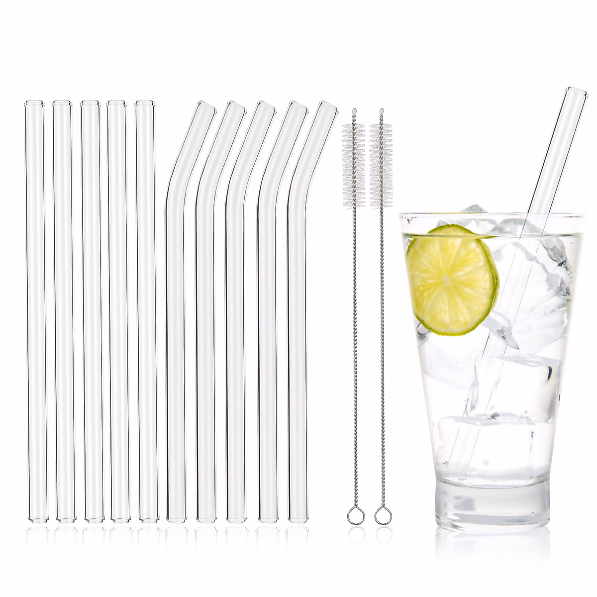 RENYIH 10 Pcs Reusable Glass Drinking Straws,9''x10 mm Clear Glass Straws for Beverages Milkshakes, Tea, Juice,Set of 5 Straight and 5 Bent with 2 Cleaning Brushes -Dishwasher Safe
