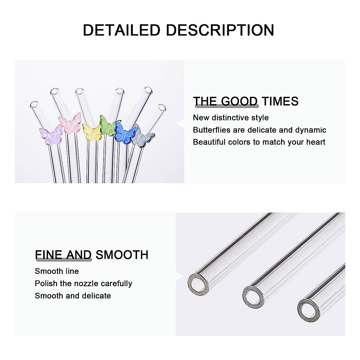 DUMING-IN 6 Pcs Reusable Glass Straws with 2 Cleaning Brushes, Cute Colorful Butterfly Glass Straws Shatter Resistant, Reusable Straws Dishwasher Safe for Juices, Smoothies, Milkshakes, Teas
