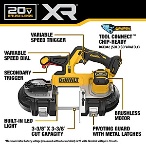 DEWALT 20V MAX XR Dual Trigger Bandsaw, Brushless Motor, Portable and Cordless, 3-3/8 Inch Cut Capacity, Bare Tool Only (DCS379B)