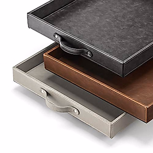 Ranslen Square Leather Serving Tray with Handles, 15"x15" Table Trays for Ottoman Coffee Table, Decorative Tray for Home Organizer Living Room Kitchen Food Tray, Breakfast Tray in Bed, Brown