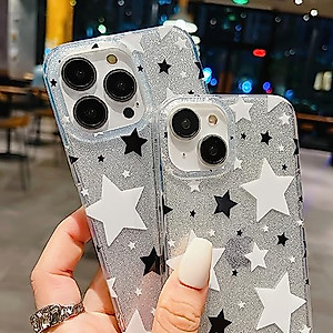 HYUEKOKO Compatible with iPhone 13 Case Bling Glitter White Black Stars Case for Women Girls, Slim Hard Back Clear Phone Case Cover for iPhone 13 6.1''