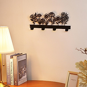 Wall Mounted Metal Towel Rack with 4 Hooks Black Metal Towel Holder for Bathroom Space Saving, Waterproof Rustproof Easy Install Bathroom Decor Towel Hanger Organizer(Flower) (Stylish 01)