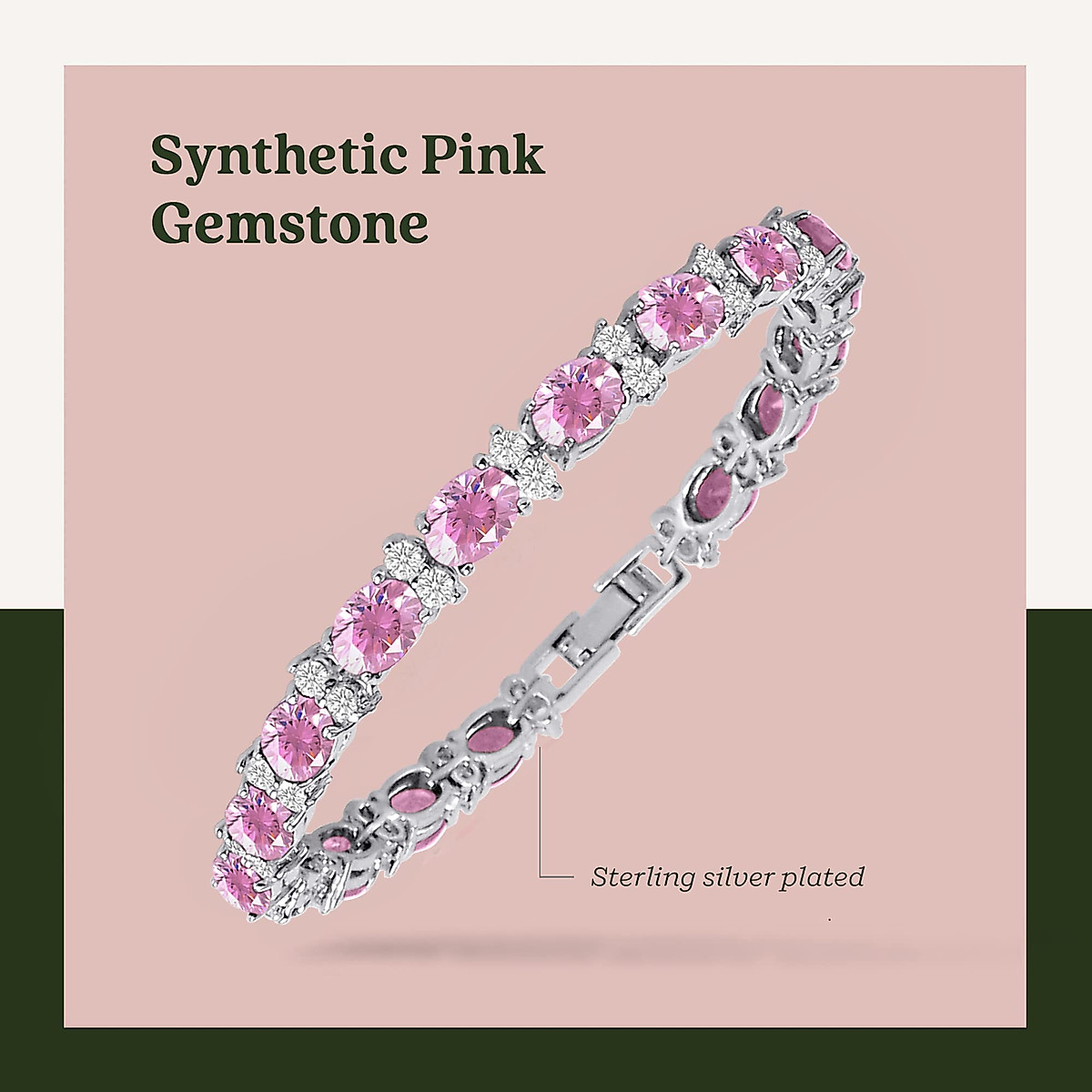 KEZEF Tennis Bracelets For Women - Cubic Zirconia - Oval 7x5mm Pink Gemstones - Round 2.50mm White CZ - Silver Plated Brass - 7 Inch - Hypoallergenic Bracelets