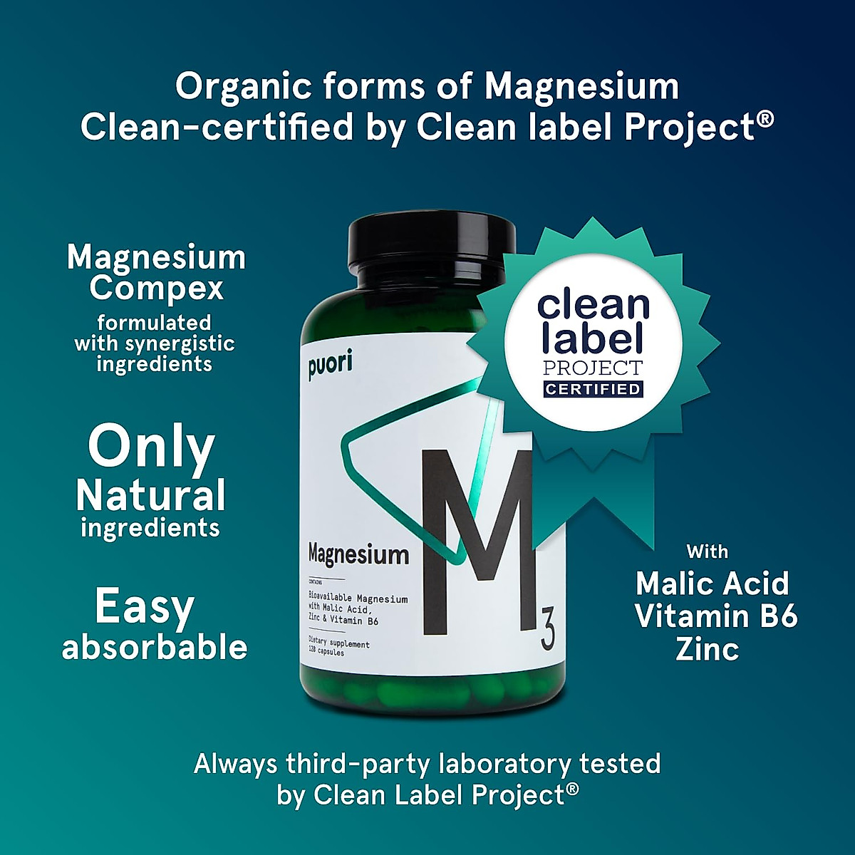 Puori Organic Magnesium Zinc Supplement - 300mg - 120 Vegan Capsules - High Absorption M3 Complex for Sleep, Immune Support, Energy, Muscle Recovery, Relaxation & Leg Cramps - Zinc & Vitamin B6
