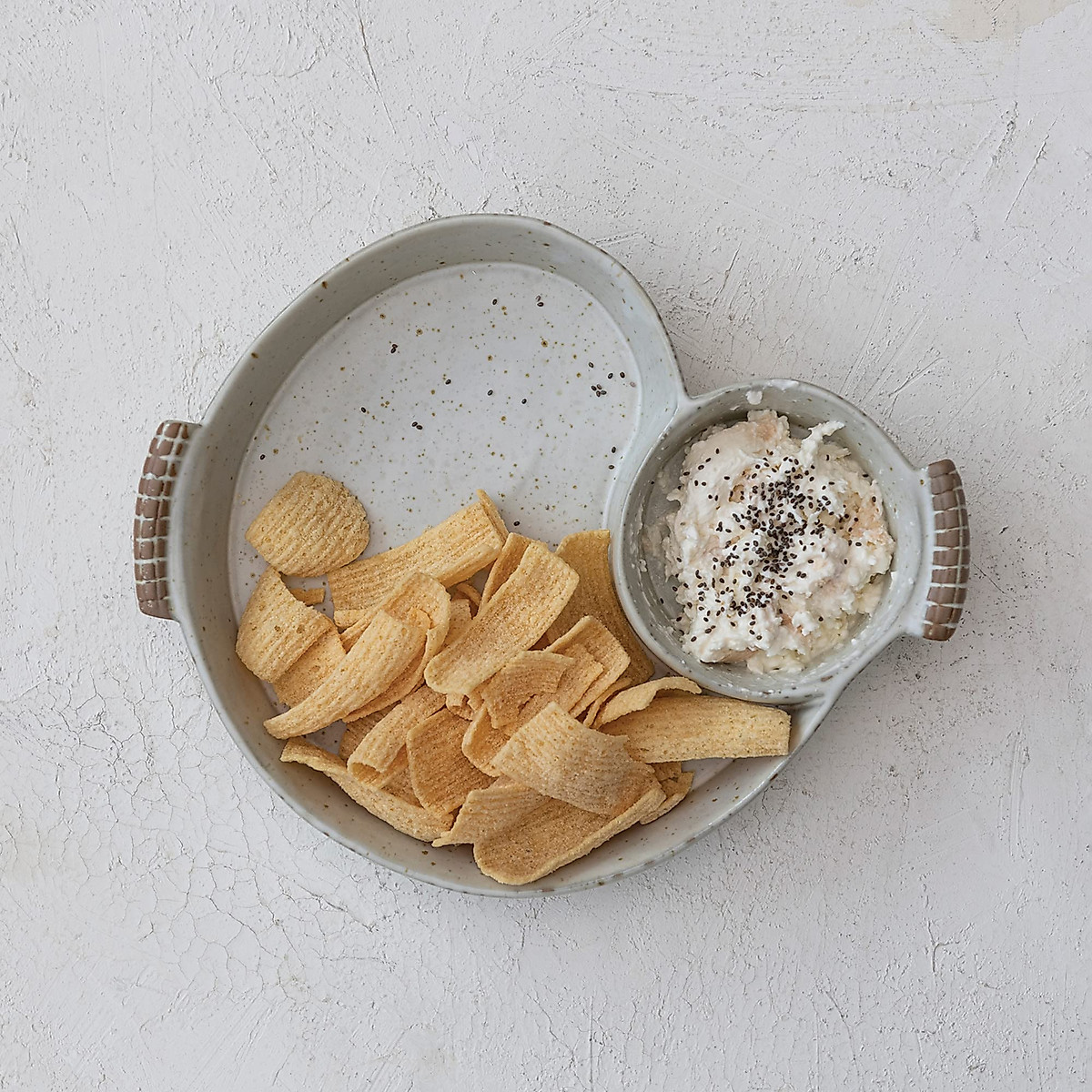 Creative Co-Op Farmhouse Stoneware Chip and Dip with Handles, Ivory Chip & Dip Bowl