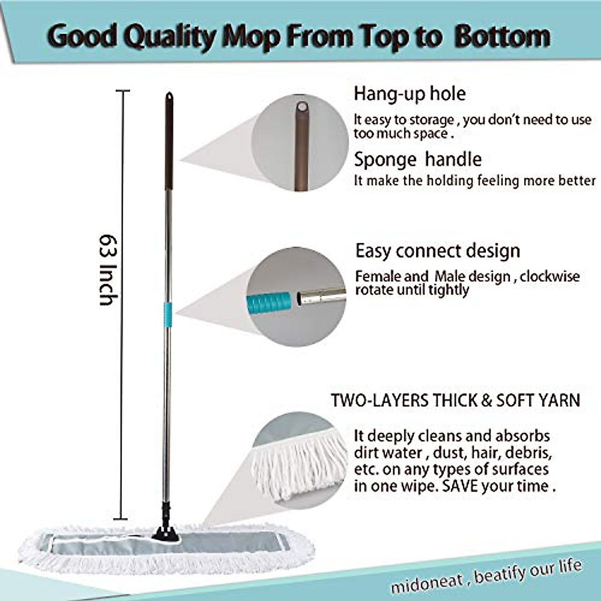 Midoneat 36 Inch Industrial Commercial Cotton Dust Mop || 63 Inch Pole || Two-Layers Thick and Soft Cotton Yarn Clean Dirty Water Dust and Hair More Easily|| 2 Sets Economical (36 inch)