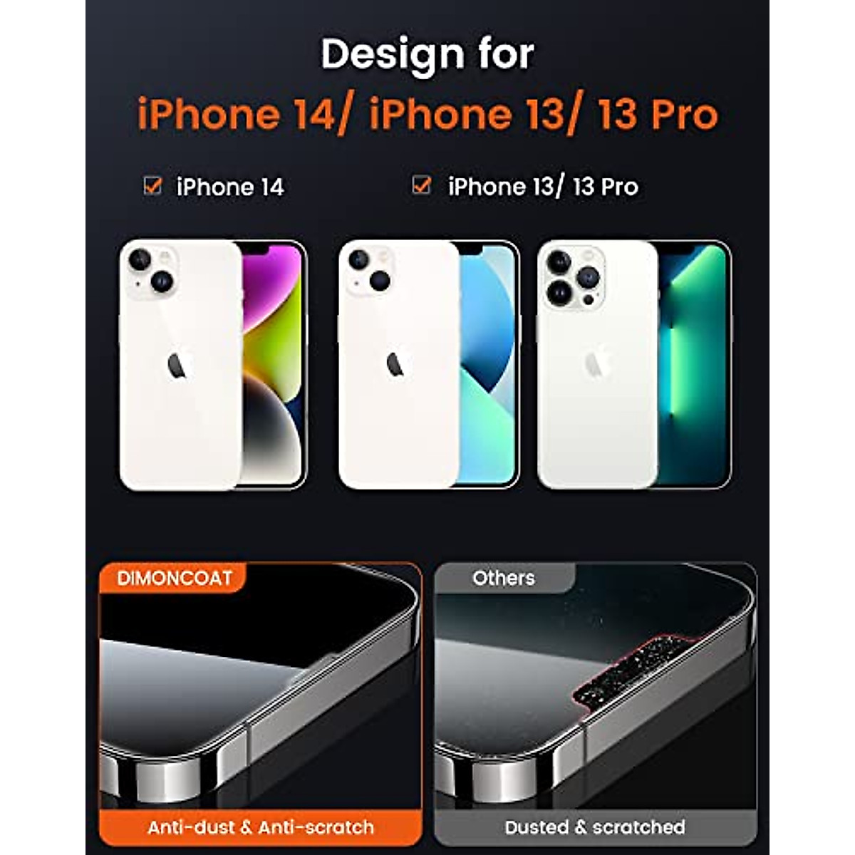DIMONCOAT 4-PACK Screen Protector Compatible iPhone 13/iPhone 13 Pro/iPhone 14 6.1''[Auto Alignment Kit] [10X Military Protection] iPhone 13/13 Pro/14 Diamonds Hard Tempered Glass Bubble Free