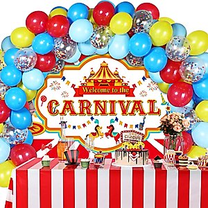 Circus Carnival Party Decoration Including Circus Confetti Balloons Kit Carnival Photography Backdrop Banner Carnival Party Tablecloths for Kids Boys Girls Birthday Party Decorations Supplies
