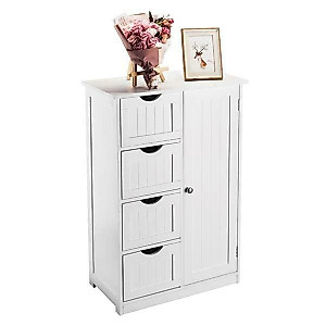 MAXCBD Nightstand Bedside Table Drawer Cabinet 4 Drawer Single Door Bathroom Dresser Shelf Cabinet Storage Furniture White Bathroom Storage Cabinet Storage Tower Dresser