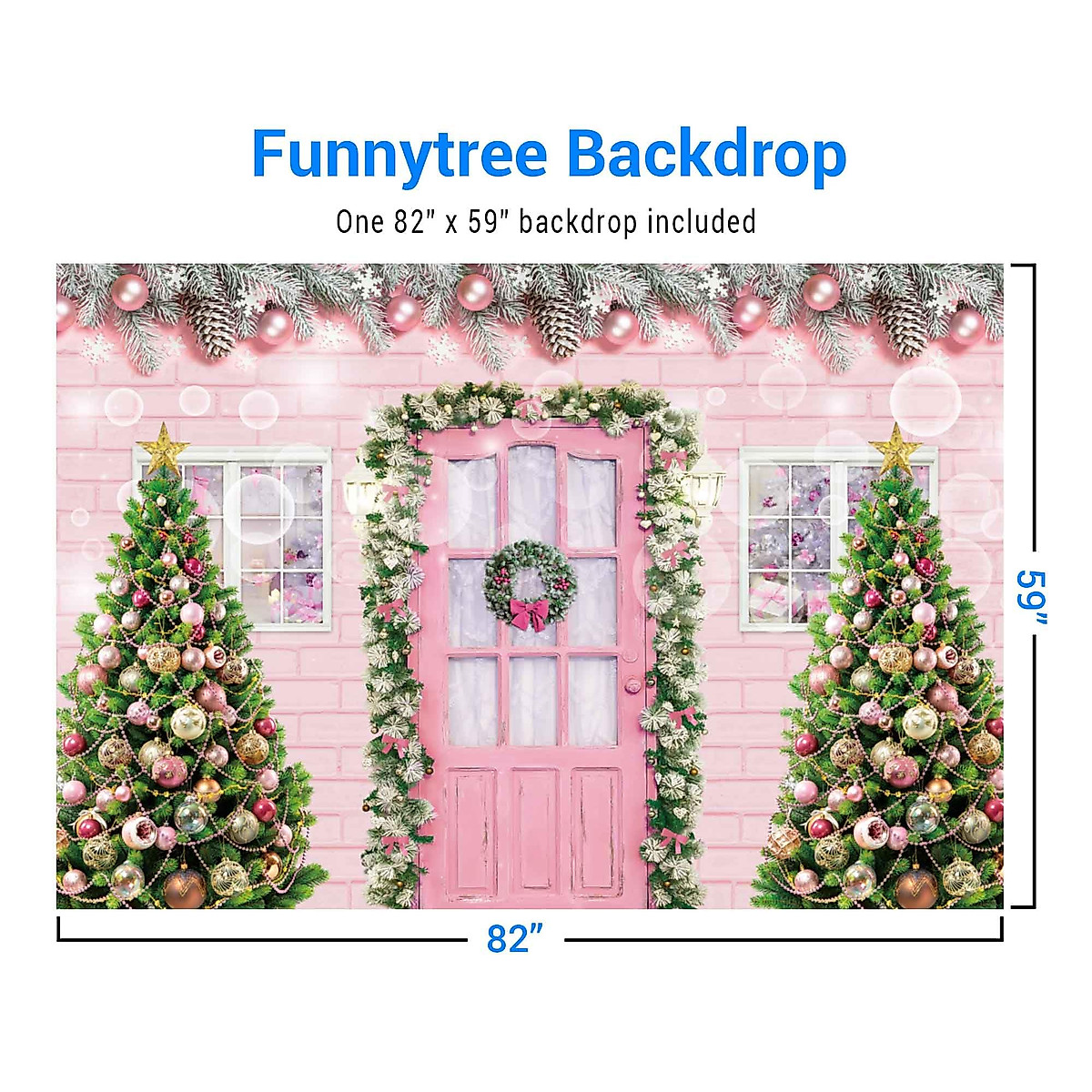 Funnytree 7x5FT Pink Christmas Photography Backdrop Xmas Tree Santa Brick Wall Door Dream Background for Girl Kids Holiday Birthday Party Supplies Banner Decor Photo Booth Studio Prop Gifts