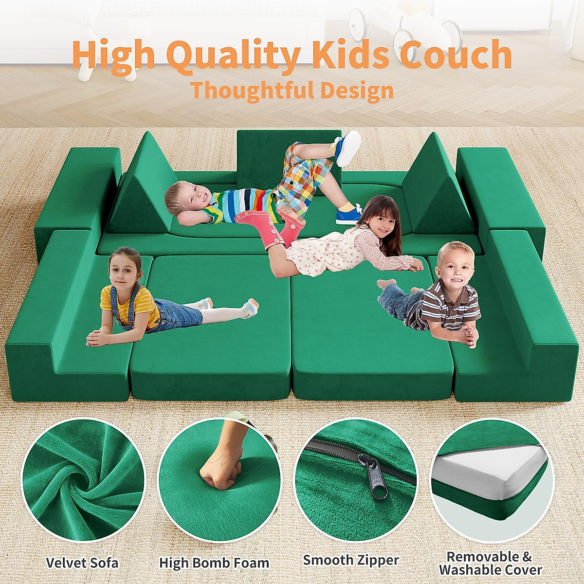 wanan Modular Kids Play Couch, 13PCS Modular Couch Kids for 4 Kids, Kids Couch for Playroom, Modular Kids Couch for Boys and Girls, Kids Play Couch for Kids (Green)