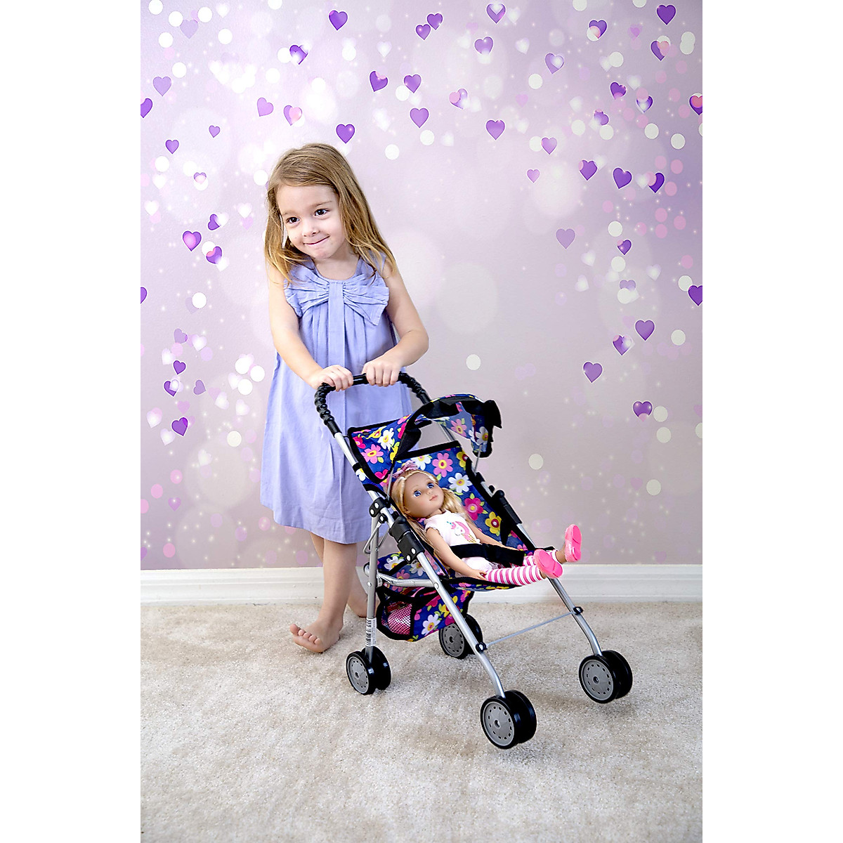 fash n kolor® - Doll Stroller My First Baby Doll Strollers Toy - Flower Design with Basket in The Bottom- Doll Accessories 2 Free Magic Bottles Included - New Year Gift, Boys, Girls