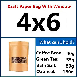 Kraft Heat Sealable Stand Up food Pouches Paper Mylar Bags With Clear Window And Zip Lock,Heavy Duty Decorative Resealable Recycled For DIY Homemade Chips Favor Cookies Christmas (50pcs 4x6+2.4 inch)
