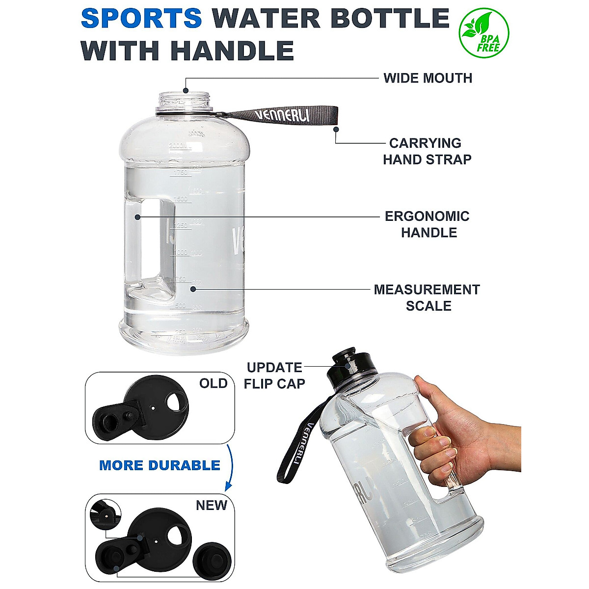 VENNERLI Water Bottle with Handle Portable Large Plastic Water Bottles for Adults BPA-free Half Gallon Water Bottle Reusable 2 Liter Water Jugs for Outdoor Hiking Fitness Travel Camping Cycling