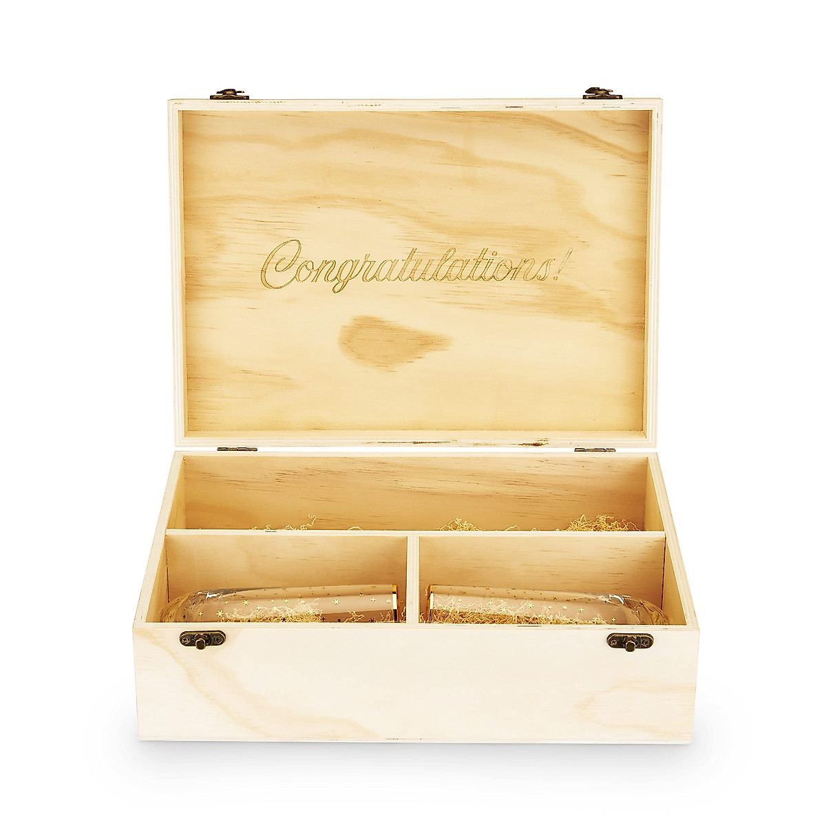 Twine Champagne Bottle Gift Box, Wine Box with Lid and 2 Stemless Champagne Flutes, Packing Straw, Holds 1 Champagne Bottle, Wood