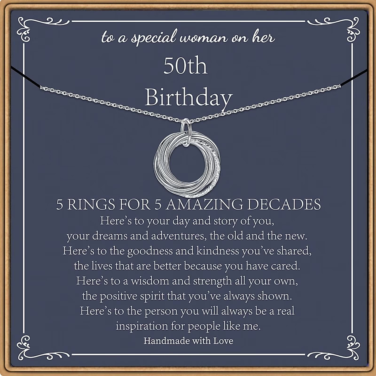 PAERAPAK 50th Birthday Gifts for Women, 5 Circle Necklace 50th Birthday Gifts Jewelry for Women Her Fifty 50 Years Old Birthday Gifts for 50 Year Old Woman Five 5 Decades Birthday Necklace for Women