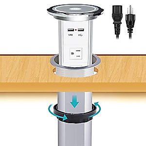 Kungfuking Intelligent Motorised Pop Up Socket Surge Protector Power Strip Retractable Power Strip with Dual USB Charging Stations for Kitchen Counter, Conference Room (White)