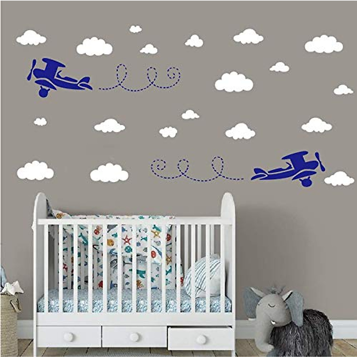 Kids Room Wall Sticker Two Aircrafts with Clouds Wall Decor for Boys Bedroom Wall Sticker Airplane Sky Decoration AM177 (Blue Airplane/White Clouds)