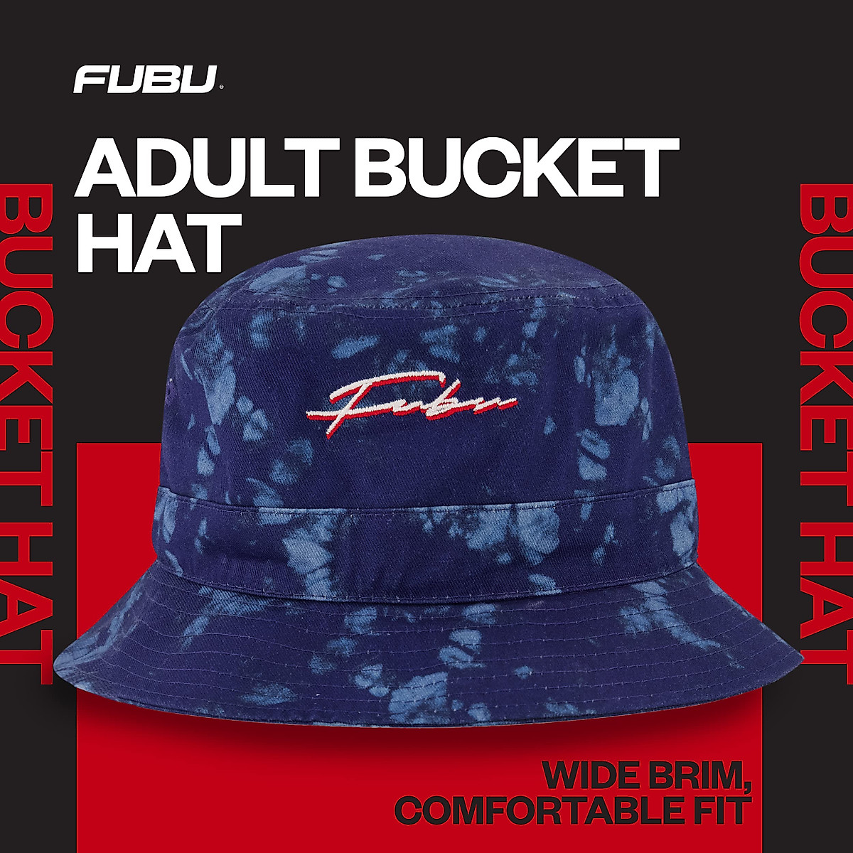 FUBU Bucket Hat, Tie Dye Cotton Twill Packable Travel Cap with Vintage Logo, Navy, One Size