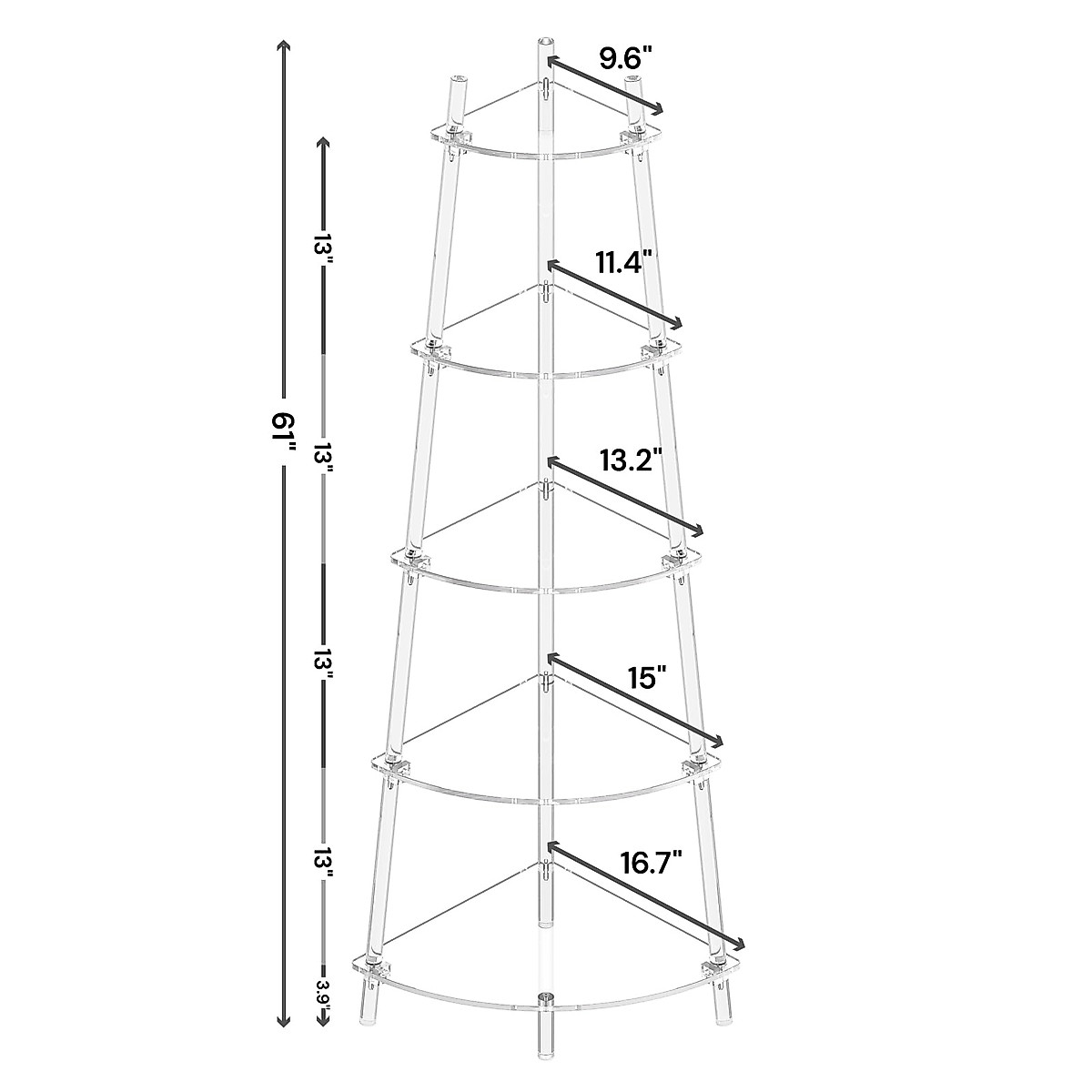 CRTERICX Acrylic Corner Bookshelf, 61" H, 5-Tier Clear Ladder Bookcase for Small Spaces, Multipurpose Corner Shelf for Living Room, Bathroom, Office