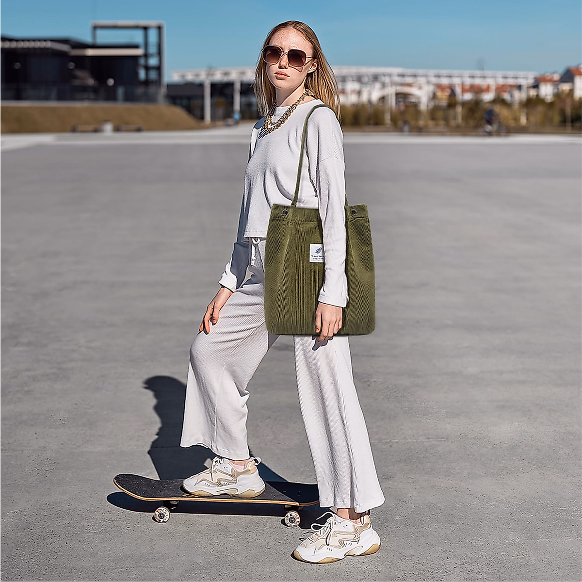 GODWOODS Fashion Tote Bag for Women Corduroy Shoulder Cord Purse with Inner Pocket (Army Green)