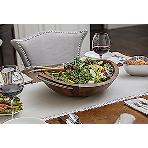 Nambe Braid Salad Bowl with Servers | 3-Piece Set | Large Wooden Serving Bowl for Caesar Salad, Large Salads | Big Salad Bowl with Serving Utensils | Made of Chrome & Acacia Wood (20” L x 16” W)