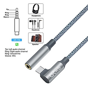 DCHAV Right Angle USB C to 3.5mm Audio Adapter Headphone Jack USBc 3.5 mm Cable Aux USB Type C Cord Male Female Dongle DAC Chip for Android Phone Tablet Laptop Speaker Microphone Car Stereo, Grey
