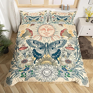 Hippie Butterfly Duvet Cover Queen Sun and Moon Bedding Set, Groovy Floral Comforter Cover Sunflower Mushroom Bed Set, 60s 70s Vintage Flower Bedding, All Seeing Eyes Decor (Zipper Closure)