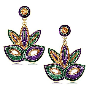 Mardi Gras Earrings for Women, Glitter Crown Mask Fleur De Lis Earrings for Fat Tuesday Celebration, Mardi Gras Accessory Carnival Parade Party Favors Gifts (Style B)