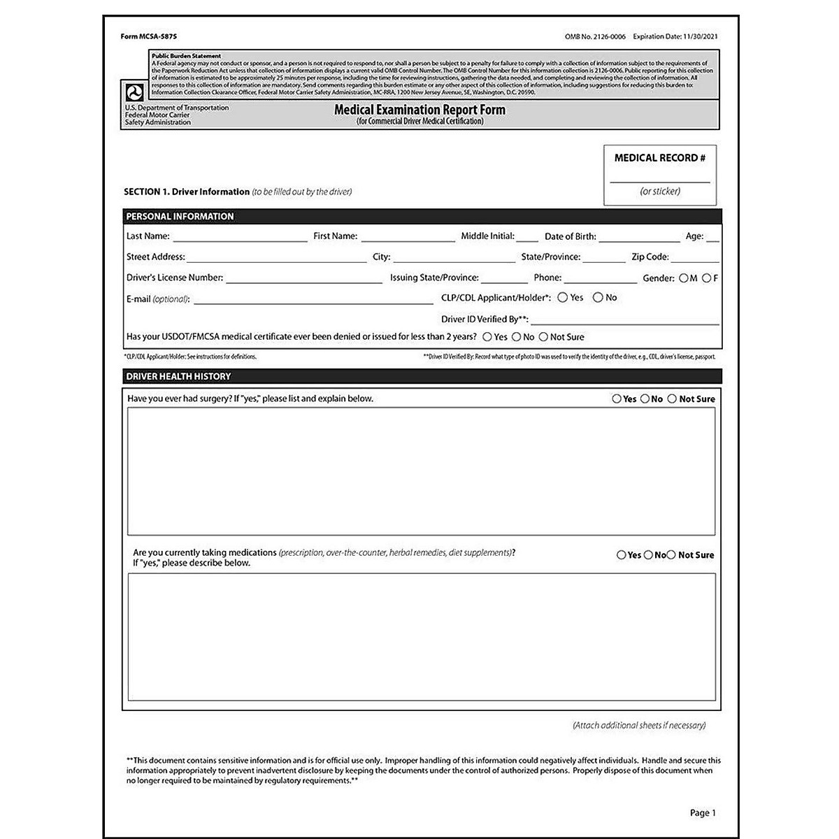 DOT Medical Examination Report Forms MCSA-5875, (1) 50 PACKMADE in USA
