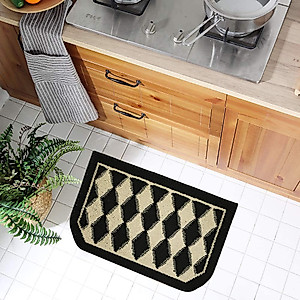 Marina Decoration Decor Luxury Non-Slip Rubber Backing Safety Ultra Water Absorbent Soft Woven Fluffy Runner Area Carpet Floor Mat Indoor Kitchen Rug, Black Pumice Geometric Design 2 Pieces Set