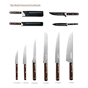 UMOGI Kitchen Knife Set 6 Piece with Sheath Covers in Gift Box - Full Tang Wooden Handle German Stainless Steel - professional Cutlery Knives Set with Chef Slicing Bread Boning Utility Paring Knife