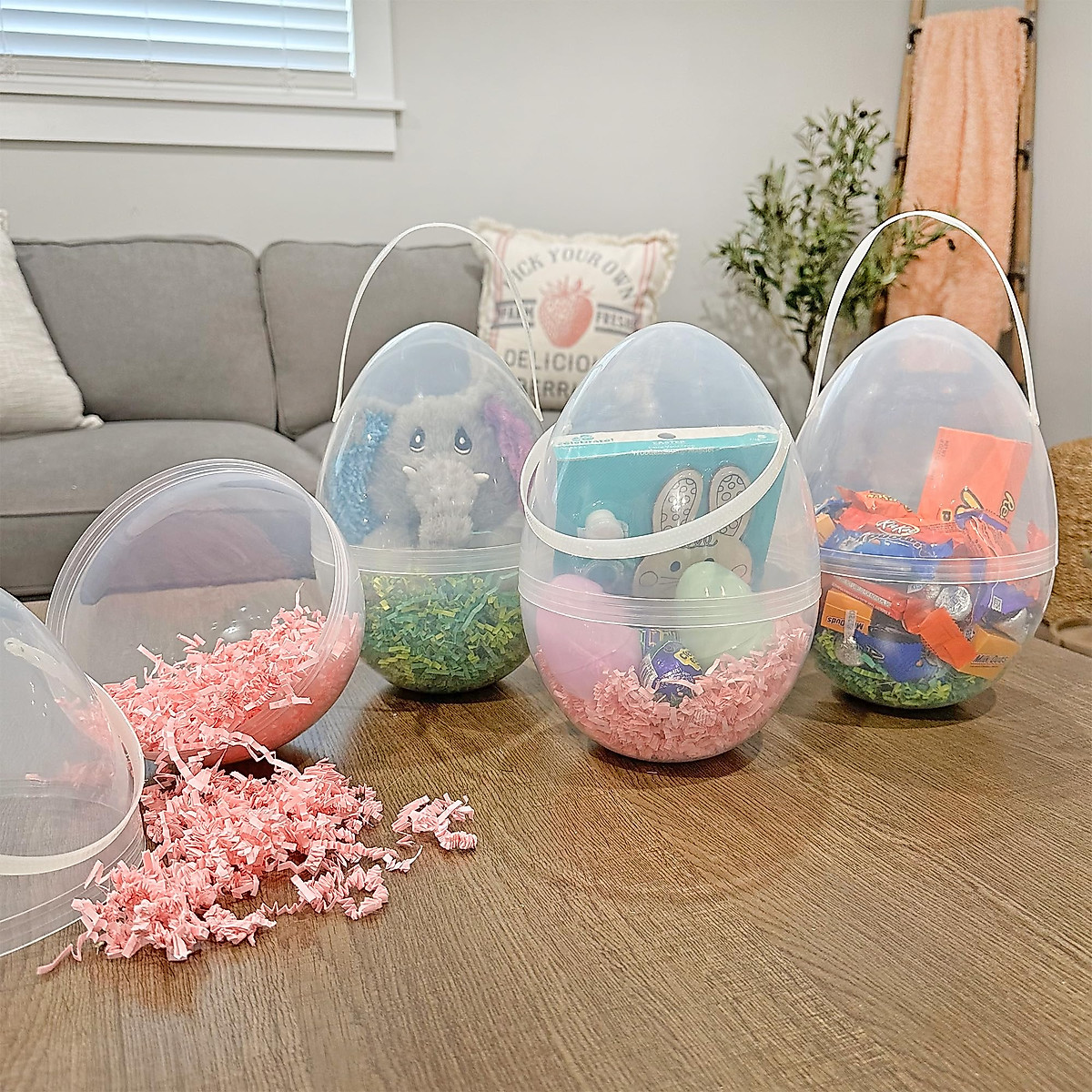 Cornucopia Brands Jumbo Plastic Easter Eggs (4-Pack, 10-Inch); Giant Clear Egg-Shaped Buckets w/Handles