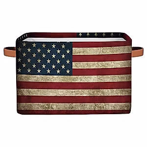 YoCosy Large Storage Baskets for Organizing Shelves Vintage American Flag USA Foldable Cube Storage Bins with Handles Rectangle Fabric Closet Organizers for Home Toys Clothes, 1 Pack