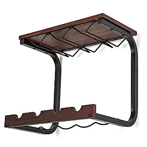 SODUKU Wine Rack Wall Mounted Handmade Metal & Wood Wine Countertop Rack Wine Storage Shelf with 4 Bottle Cages & 6 Long Stem Glass Holder Walnut