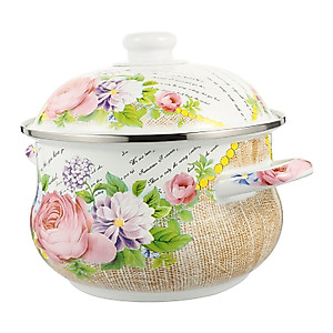 Hemoton Kitchen Enamel Stockpot with Lid Flower Stew Cooking Pot Vintage Decorative Soup Pot with Dural Handle for Stove Top