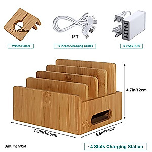 Bamboo Cell Phone Charging Station, Charger Organizer for Multiple Devices Compatible with Cell Phones, Watch, Tablet (with Watch Stand, 5 Port USB Charger, 6 Charger Cables) -BambuMate
