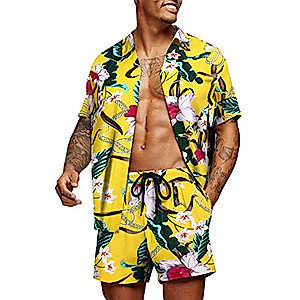 COOFANDY Men's Hawaiian Set Casual Floral Print Shirt Summer Shirt and Shorts