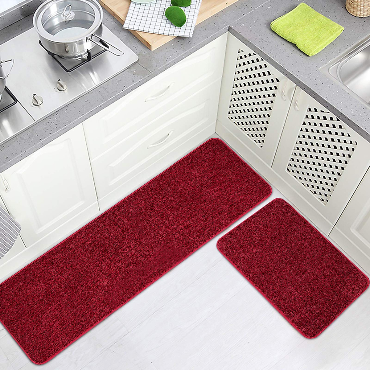 ITSOFT 2pc Non-Slip Kitchen Dirt Trapper Rug Runner Set, Absorbent Shoe Scraper, Machine Washable (59" x 17.5" + 29.5" x 17.5") (Red & Black)