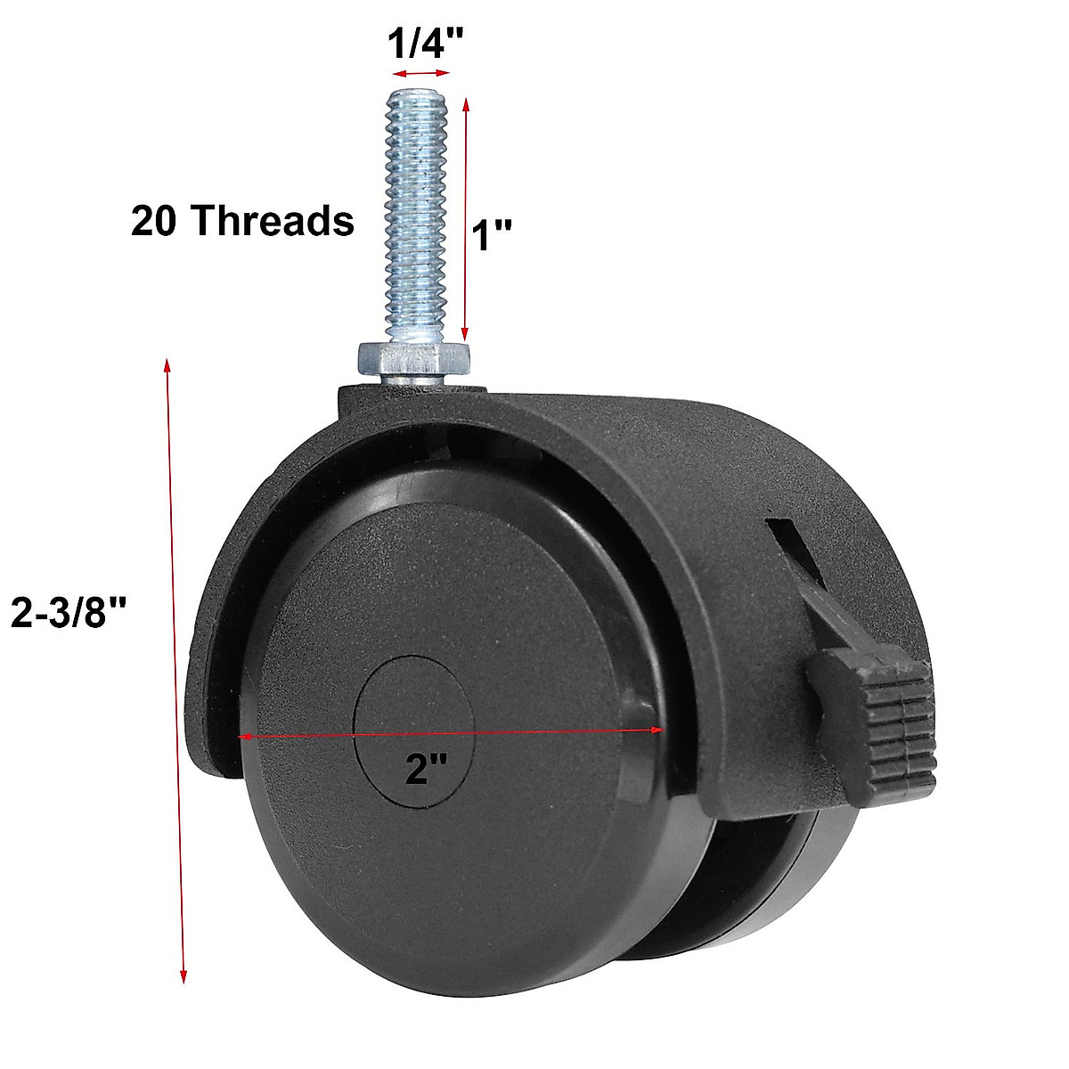 AAGUT 2" Swivel Stem Casters with Locking Brake Threaded 1/4" - 20 x 1 for Furniture and Shelves, Black Replacement Castors, Pack of 4