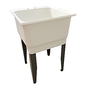 Free Standing Laundry Tub White Utility Sink Basin Fixture with Floor Mount Grey Steel Legs, 23 in. Wide, 25 in. Long, 15 in. Height, 4 in. Center set Holes