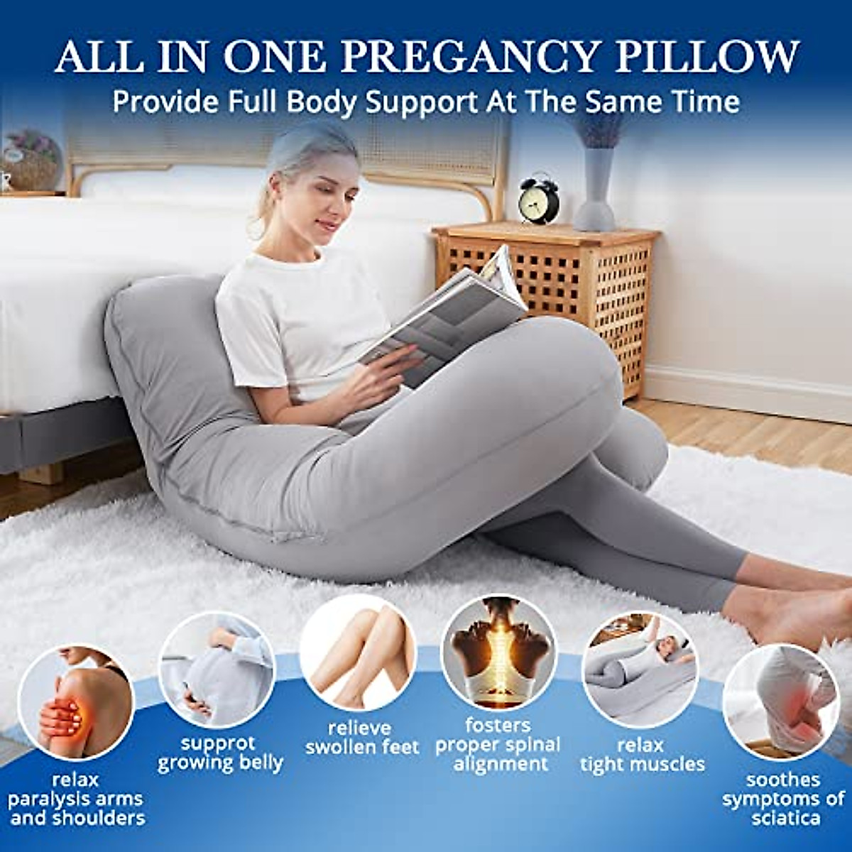 Sasttie Cooling Pregnancy Pillows for Sleeping, Maternity Pillow for Pregnant Women, 59'' U Shaped Pregnant Pillow with Removable Cooling Cover, Pregnancy Must Haves, Light Grey