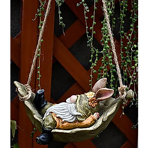 Gardenfans Garden Gnomes Statue Outdoor Decoration Hanging Tree Outside Swinging Leaf Hammock Figurine Resin Fairy Garden Decor for Patio Yard