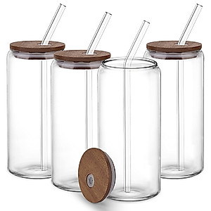 20 OZ Glass Cups with Acacia Lids and Glass Straws - 4pcs Set Beer Can Shaped Drinking Glasses, Iced Coffee Glasses, Cute Tumbler Cup for Smoothies, Juices, Boba Tea, Water - Cleaning Brush Included