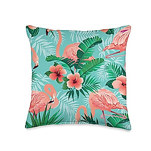 A1a Life Flamingos and Hibiscus Tropical Beach House Florida A1a Throw Pillow, 16x16, Multicolor